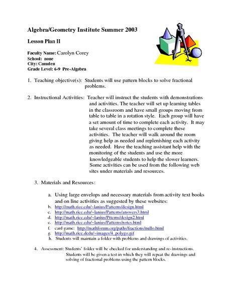 Using Pattern Blocks And Fractions Lesson Plan For 6th 9th Grade