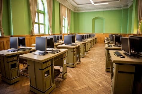 A Classroom With A Computer And A Computer Monitor On The Desk Premium Ai Generated Image