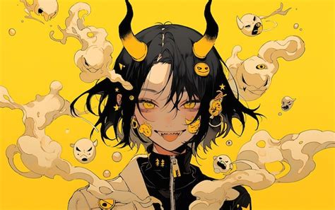 A Cartoon Of A Girl With Horns And Horns On Her Head Premium Ai