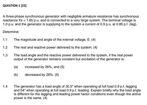 solved question 1 [22]a three phase synchronous generator