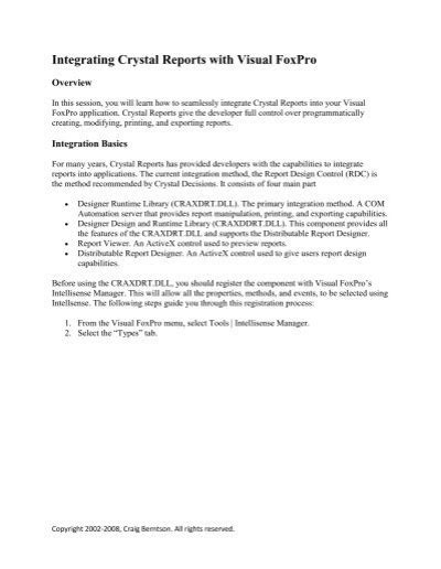 Integrating Crystal Reports With Visual Foxpro Craig Berntson