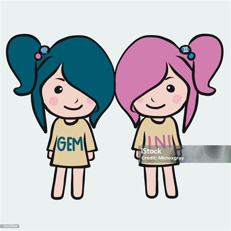 쌍둥이 자리 소녀 별자리 만화 벡터 일러스트 레이 션 낙서 스타일 점성술 기호에 대한 스톡 벡터 아트 및 기타 이미지 점성술