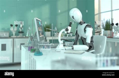 A humanoid robot in a laboratory works with a microscope. Scientific experiments. Future concept ...