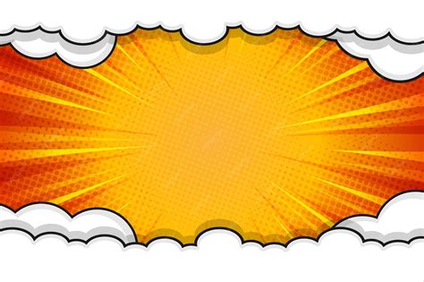Fondo De Cómic Pop Art Amarillo Con Rayos Y Marco De Nubes Vector Premium