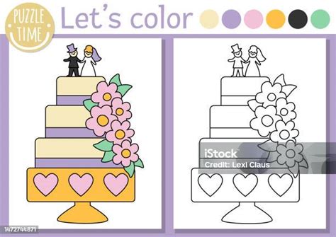 꽃 신부 신랑으로 장식 된 귀여운 웨딩 케이크를 가진 아이들을위한 색칠 공부 페이지 벡터 결혼식 컬러 책 아이들을 위한 컬러 예제 드로잉 기술 인쇄 가능한 워크시트 꽃