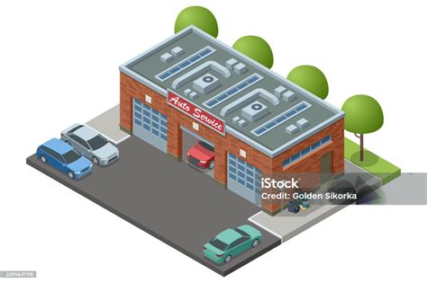 여러 개의 차고 문 밖에 주차 된 자동차 나무로 둘러싸인 내부의 빨간 자동차가 있는 벽돌 자동차 서비스 건물의 아이소메트릭 벡터 그림 현대적인 수리 시설을 나타내는 3차원