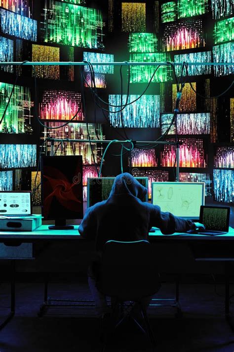 hacker working on multiple devices while encrypted data flows across