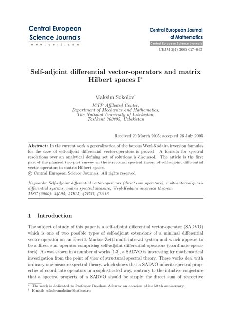 Pdf Self Adjoint Differential Vector Operators And Matrix Hilbert
