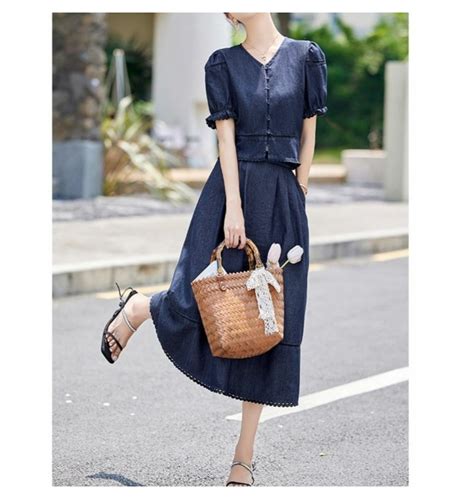 마이클로드 여성치마 여름 반팔 스커트 세트 데님 재킷 투피스 미디 A라인 퍼프소매 Ador2 티몬