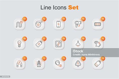 세트 라인 배터리 충전 고전압 플러그가 있는 글로벌 에너지 행성 전기 타워 라인 자석 장갑 램프 교수형 및 번개 아이콘 없음 벡터 Prohibition에 대한 스톡 벡터