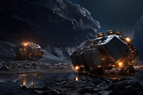 Tethered Mining Robots Working On Asteroid Surface Stock Illustration