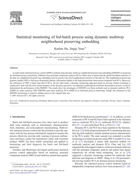 Pdf Statistical Monitoring Of Fed Batch Process Using Dynamic