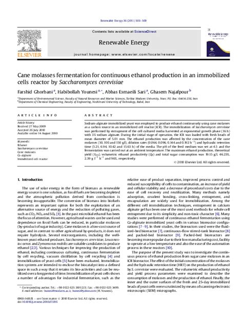 Pdf Cane Molasses Fermentation For Continuous Ethanol Production In