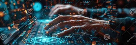 Hackerand X27s Hands Are Actively Typing On A Keyboard Highlighted By A Flurry Of Digital