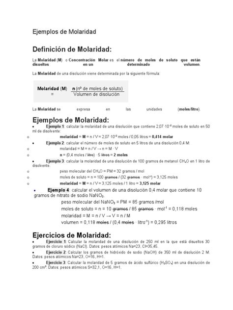 Ejemplos De Molaridad Pdf Concentración Molar Hidróxido De Sodio