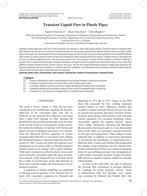 Pdf Transient Flow Of Liquid In Plastic Pipes