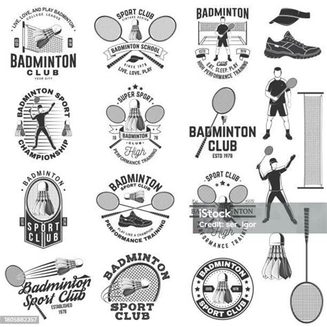 배드민턴 스포츠 배지 패치 엠블럼 로고 세트 벡터 일러스트 레이 션입니다 빈티지 배드민턴 라벨 라켓 선수 셔틀콕 실루엣 셔츠 또는 로고 프린트 스탬프 또는 티셔츠에 대한
