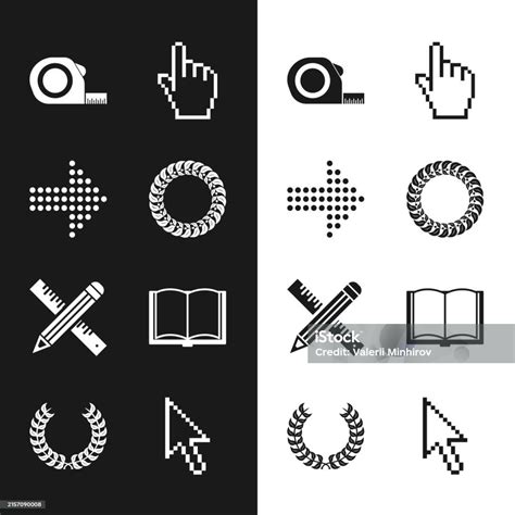 월계관 점 화살표 룰렛 구성 픽셀 손 커서 십자 눈금자 연필 책 펼치기 및 아이콘을 설정합니다 벡터 가리키기에 대한 스톡 벡터 아트 및 기타 이미지 Istock