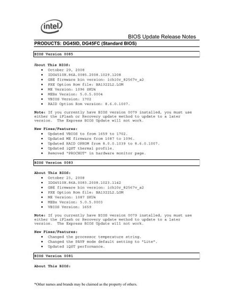 BIOS Update Release Notes Intel