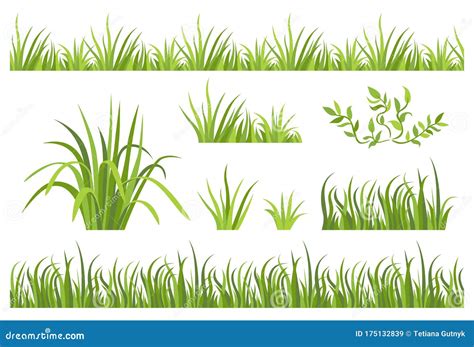 Green Grass Seamless Pattern Set Of Vector Illustrations With Grass Border And Icons Stock