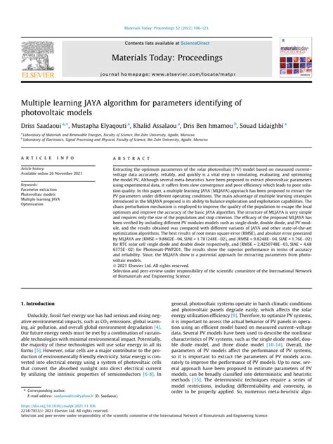 Jaya Algorithm2022 Pdf Photovoltaics Mathematical Optimization