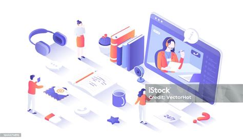 고객 서비스 지원 기술 지원 또는 콜 센터 핫라인 헬프 데스크 전문 온라인 컨설턴트 운영자는 문제가 있는 고객을 돕습니다 웹용 인물 장면이 있는 아이소메트리 그림