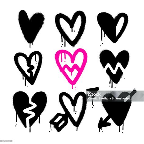 도시 낙서 스프레이 잉크 하트 세트 발렌타인 데이 심장 요소 잉크 그래픽 누출 및 얼룩 추상 페인트 사랑과 낭만적 인 상징 거친 결혼식 네오 테릭 장식 상한 마음 아이콘