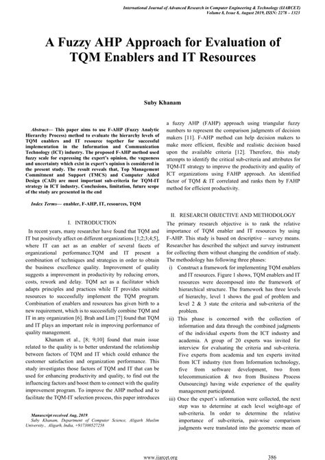 Pdf A Fuzzy Ahp Approach For Evaluation For Tqm Enablers And It Resources