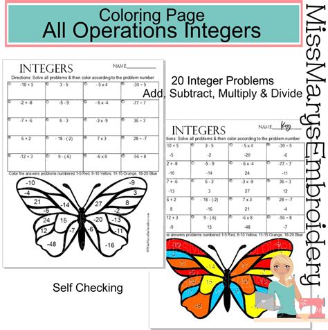 Math Worksheet Integer Coloring Page Miss Marys Embroidery