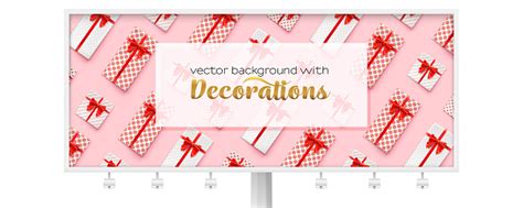 분홍색 배경에 다른 현재 상자 추상적 인 패턴빌보드 빨간 리본과 나비 넥타이선물 상자 3d 벡터 일러스트레이션 Eps10 축하 배너용 템플릿입니다 간판에 대한 스톡 벡터