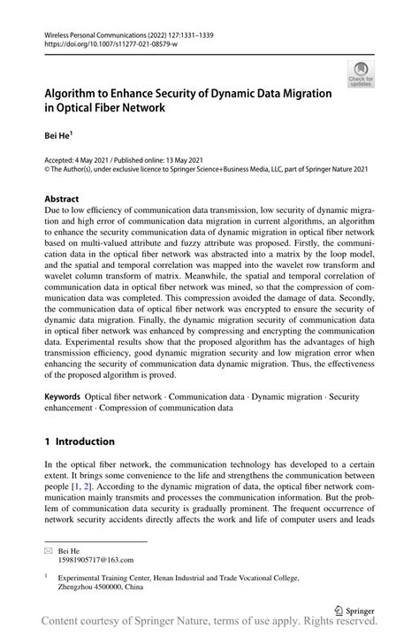 Algorithm To Enhance Security Of Dynamic Data Migration In Optical Fiber Network