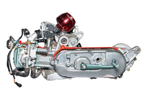 Scooter Engine Exhibiting Intricate Internal Components On White