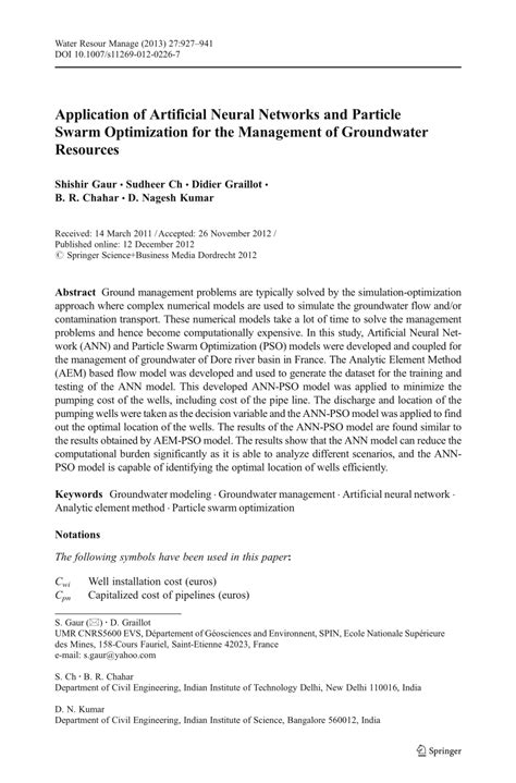 Pdf Application Of Artificial Neural Networks And Particle Swarm Optimization For The