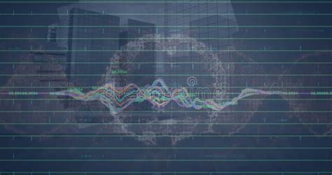 Animation Of Graphs Over Digital Human Brain And Dna Helix Against Modern Buildings In