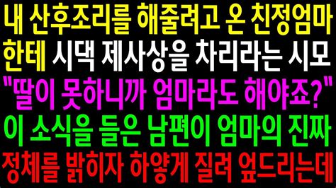 실화사연내 산후조리를 해줄려고 온 친정엄마한테 시댁 제사상을 차리라는 시모남편이 시모한테 엄마 정체를 밝히자 하얗게 질려 엎드리는데 신청사연 사이다썰 사연라디오
