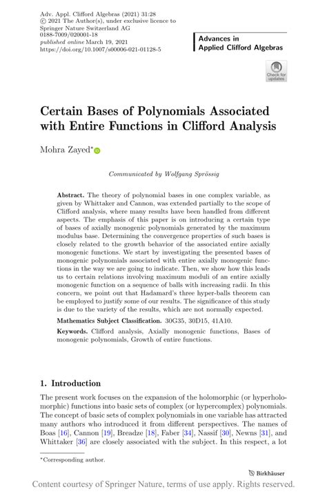 Certain Bases Of Polynomials Associated With Entire Functions In Clifford Analysis Request Pdf