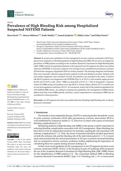 Pdf Prevalence Of High Bleeding Risk Among Hospitalized Suspected Nstemi Patients