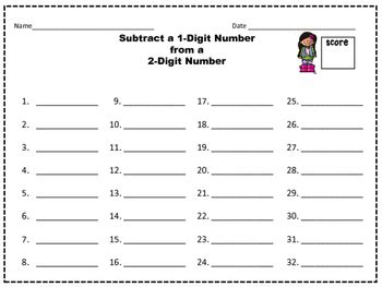 Subtracting 1 Digit Numbers From 2 Digit Numbers By Sue Kelly TpT