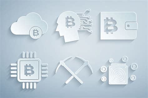 교차 곡괭이 암호 화폐 지갑 Cpu 마이닝 농장 Asic 광부 비트 코인 생각과 클라우드 아이콘을 설정합니다 벡터 0명에 대한 스톡 벡터 아트 및 기타 이미지 Istock
