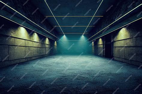 네온 사이버펑크 스타일의 현대적인 빈 미래형 방 현실적인 영화 조명 사이버 건물의 템플릿 레이아웃 천장 3d 그림에 노란색 네온