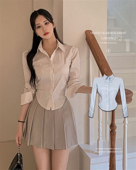 하이클래식 던츠 카라넥 슬림핏 트임 절개 스판 굴림 커프스 크롭 블라우스 셔츠