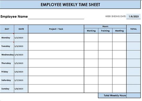 Excel File Of Weekly Timesheet Projects Tasks Template Editable Timesheet Printable Timesheet