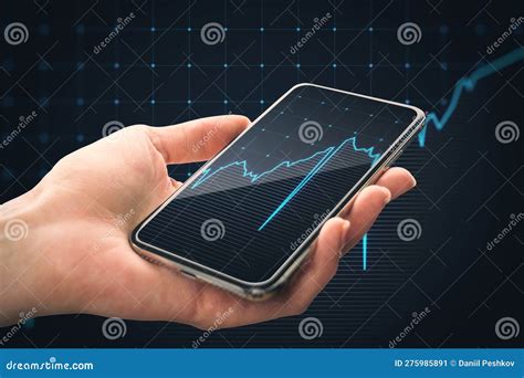 Close Up Of Female Hand Holding Mobile Phone With Growing Blue Financial Forex Chart On Dark