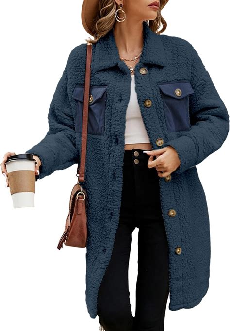Evaless Fuzzy Fleece Jackets For Women Fashion Button Down Lapel Long