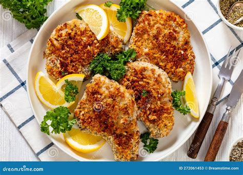 Baked In Oven Panko Breaded Pork Chops On Bone Stock Image Image Of