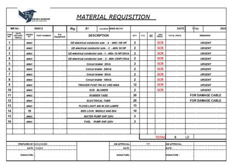 Material Requisition Rig Description Pdf Electrical Equipment