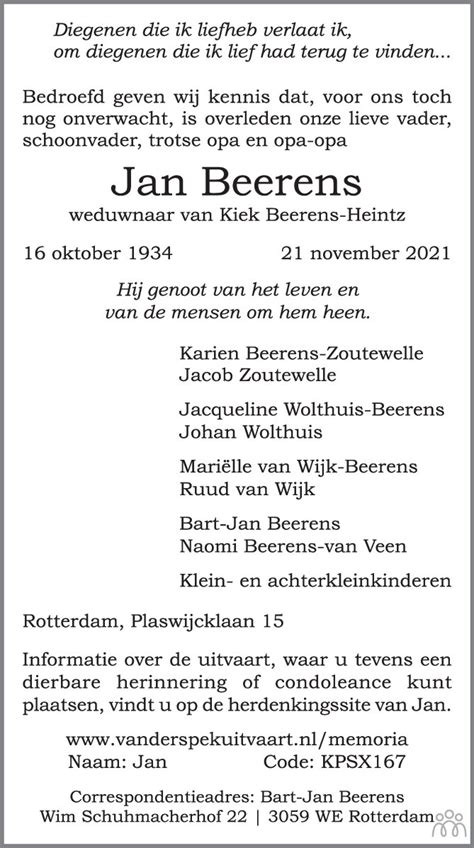 Jan Beerens 21 11 2021 Overlijdensbericht En Condoleances Mensenlinq Nl