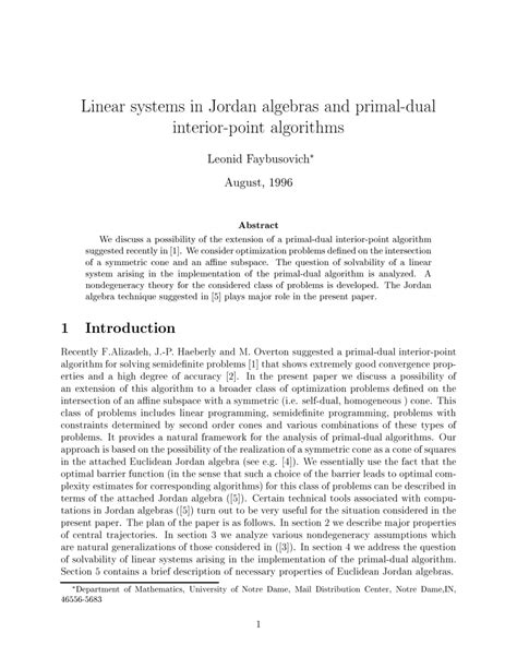 Pdf Linear Systems In Jordan Algebras And Primal Dual Interior Point