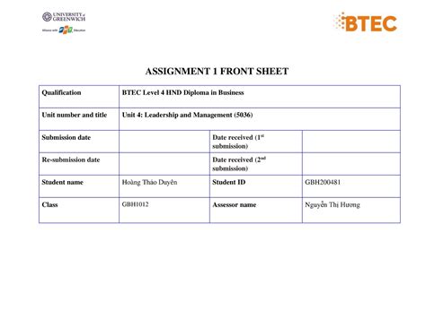 Hoang Thao Duyen Fgw Hn 372611 0 Assignment 1 Front Sheet Qualification Btec Level 4 Hnd