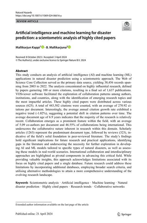 Pdf Artificial Intelligence And Machine Learning For Disaster Prediction A Scientometric
